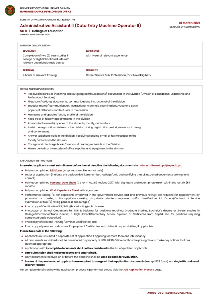 Administrative Assistant II (Data Entry Machine Operator II) | PDF ...