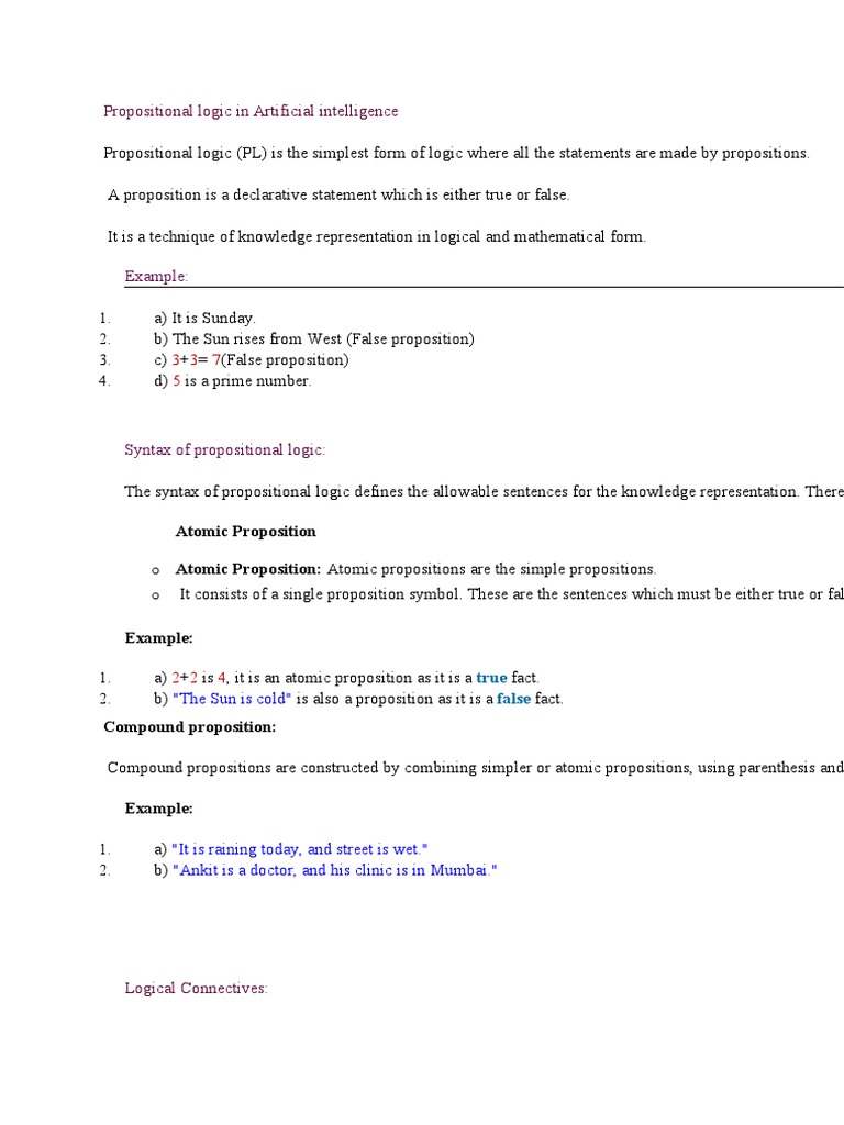 Propositional Logic in Artificial Intelligence: Example | PDF ...