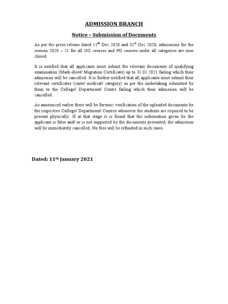 Admission Branch: Notice - Submission of Documents | PDF