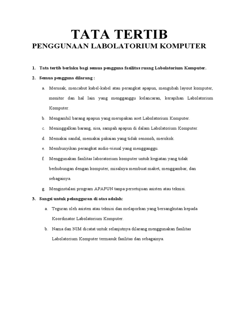 Tata Tertib Penggunaan Laboratorium Komputer | PDF | Griya & Taman ...