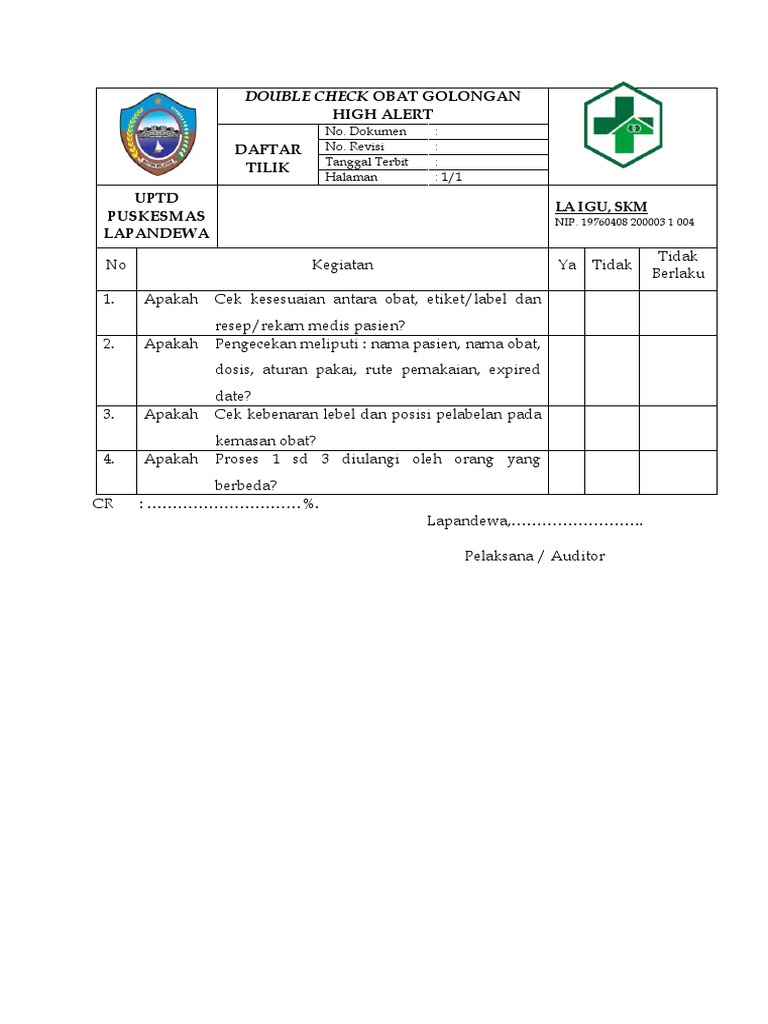 Daftar Tilik DOUBLE CHECK OBAT GOLONGAN HIGH ALERT | PDF