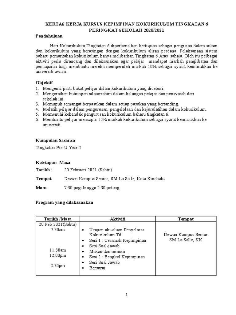 Kertas Kerja Kursus Kepimpinan Kokurikulum Tingkatan 6 | PDF