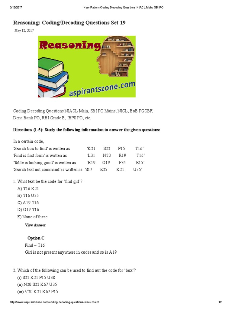 Reasoning: Coding/Decoding Questions Set 19 | PDF
