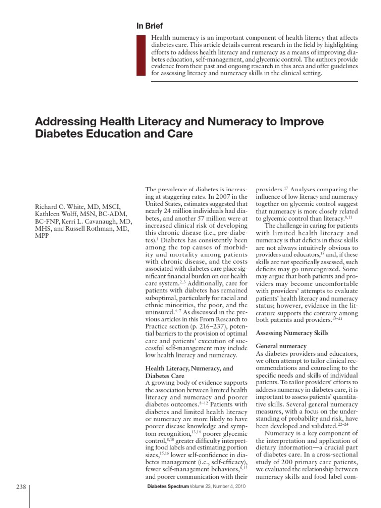 2010 - Addressing Health Literacy and Numeracy To Improve Diabetes ...