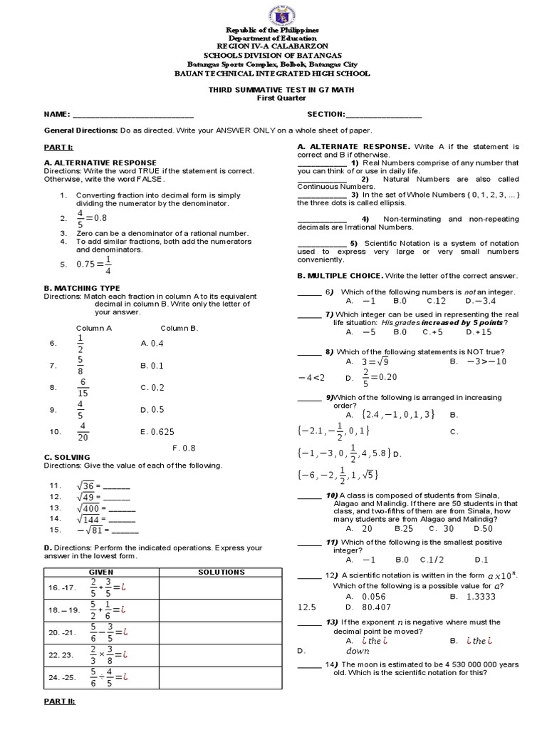 Grade 7 Math Test | PDF | Numbers | Notation