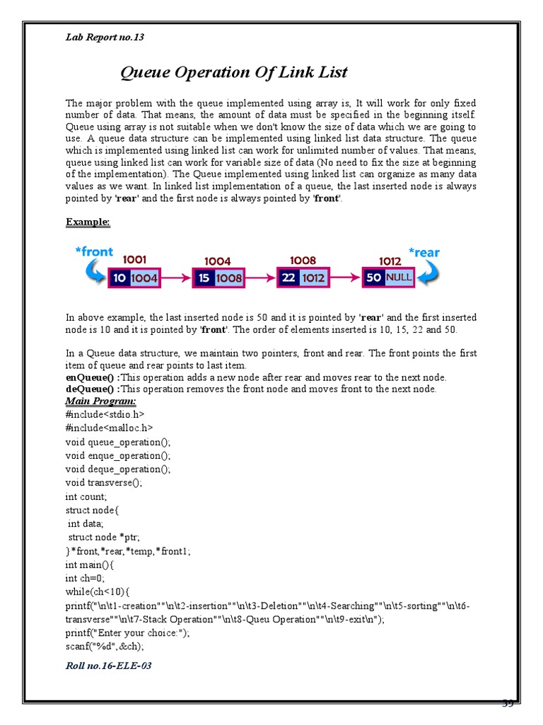 Queue Operation Of Link List Lab Report No 13 Pdf Queue Abstract Data Type Object