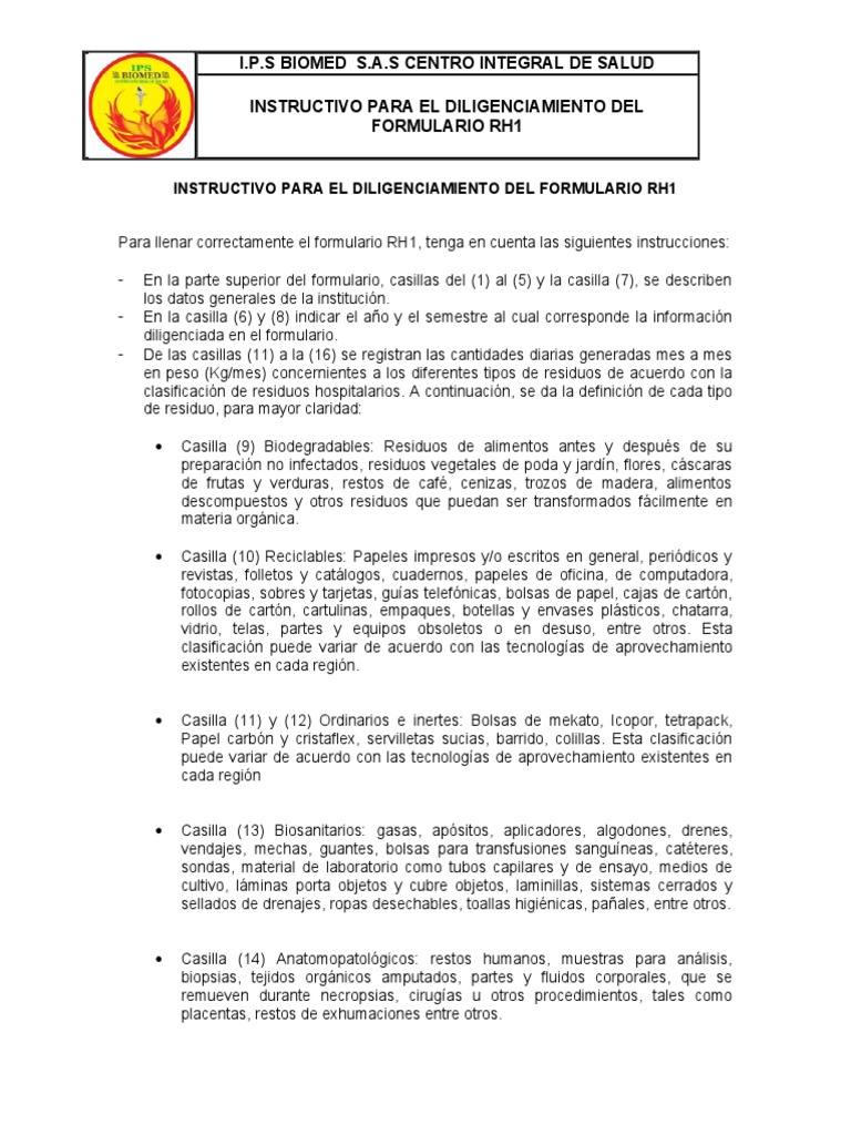Instructivo Del Formato RH1 Biomed S.A.S | PDF | Residuos | Materiales
