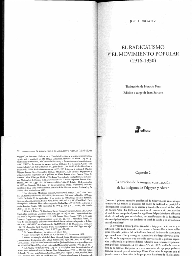 El Radicalismo y El Movimiento Popular 1916 1930 Joel Horowitz PDF | PDF