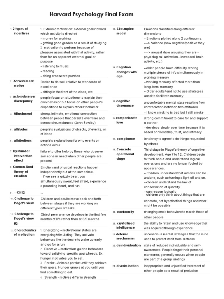 Harvard Psy Final Exam | PDF | Id | Motivation