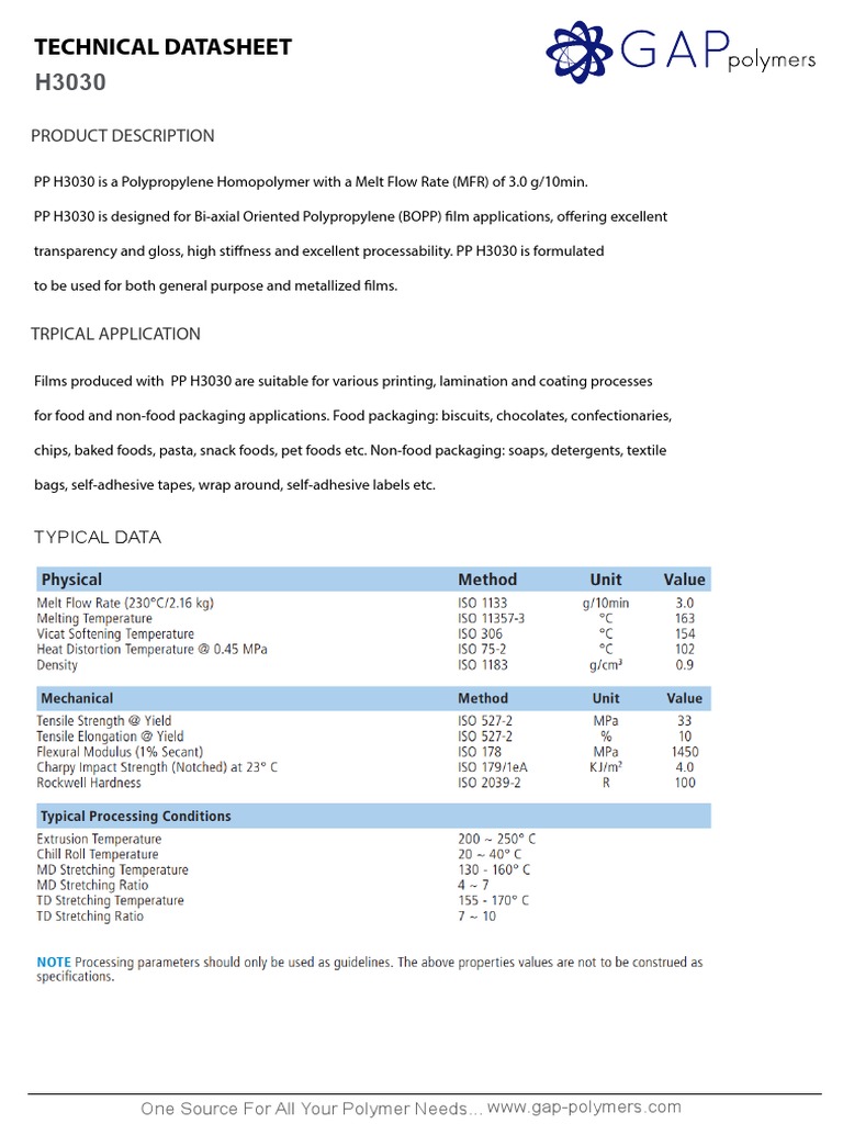 Technical Datasheet for H3030 Polypropylene Homopolymer Suitable for ...