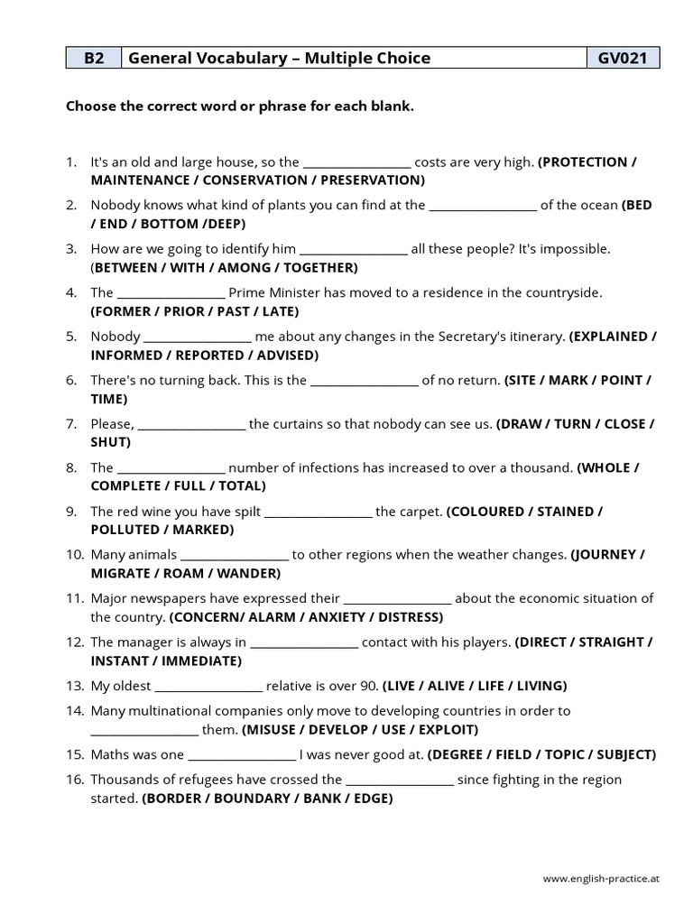 B2 General Vocabulary - Multiple Choice GV021: Choose The Correct Word ...