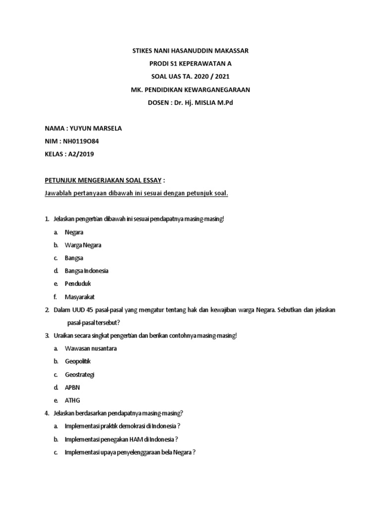 Soal UAS Pendidikan Kewarganegaraan | PDF