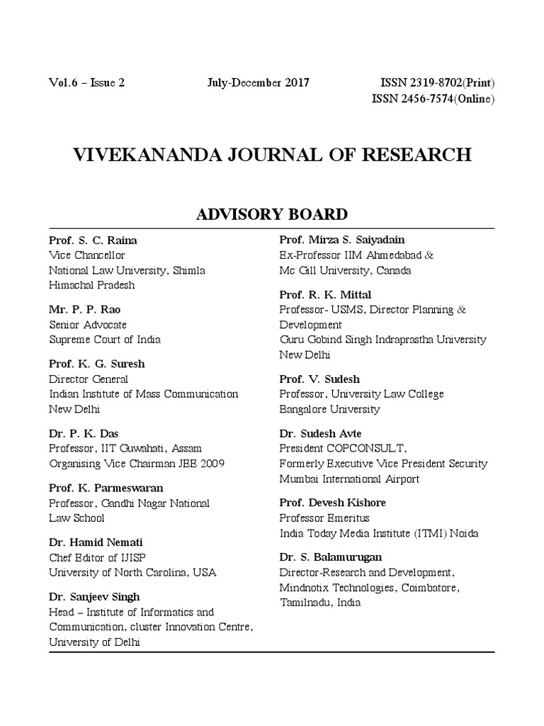 Vivekananda Journal of Research: Advisory Board | PDF | Judiciaries ...