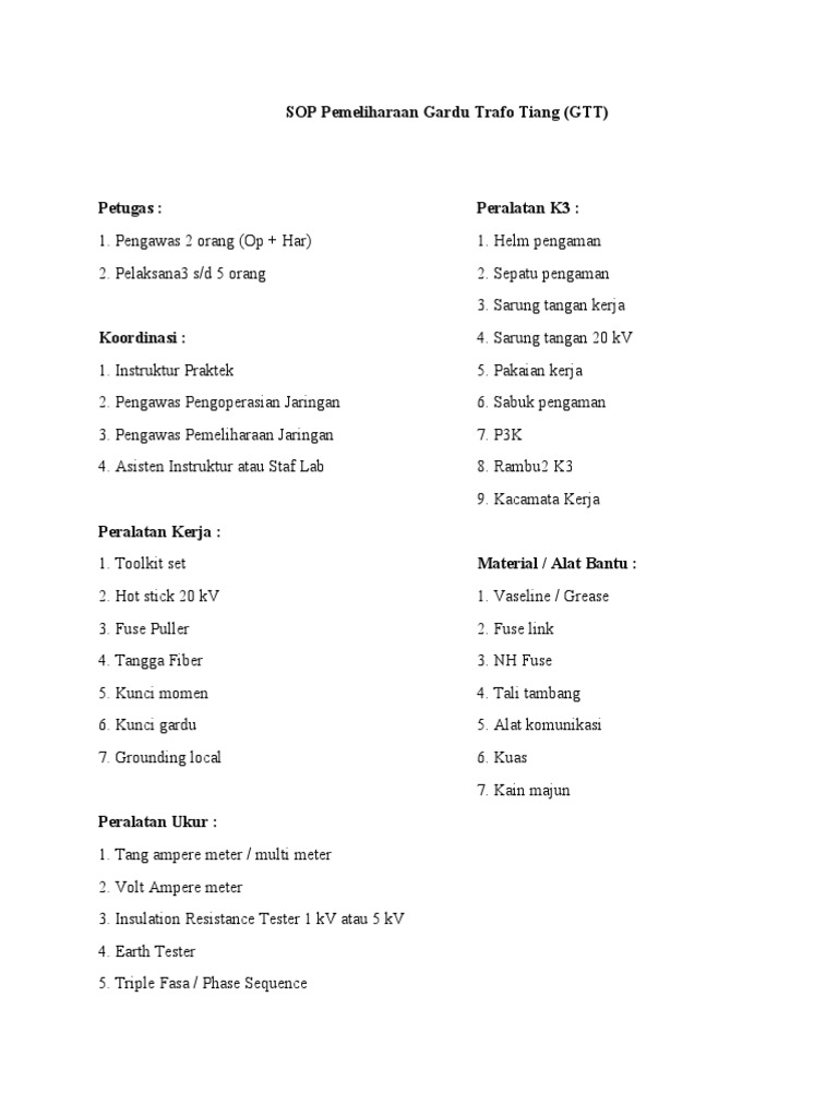 SOP Pemeliharaan Gardu Trafo Tiang | PDF