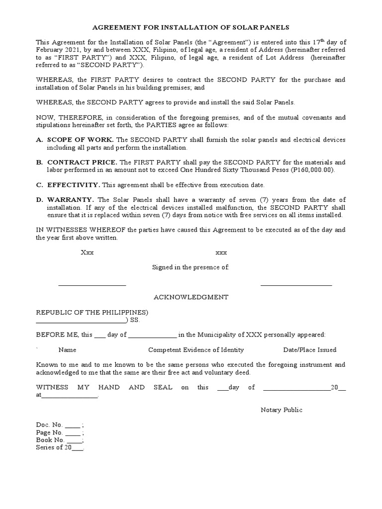 AGREEMENT FOR INSTALLATION OF SOLAR PANELS v1 | PDF | Common Law ...
