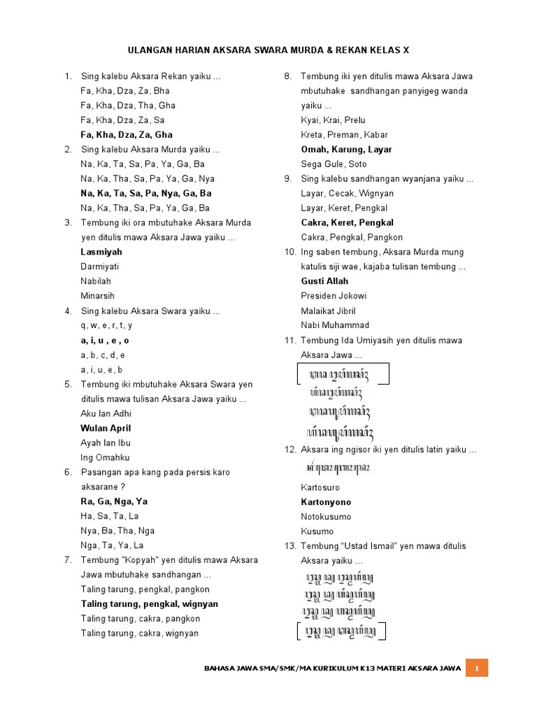 Soal Kelas X Uh KD Aksara Jawa (Swara-Rekan-Murda) - Semester Genap | PDF