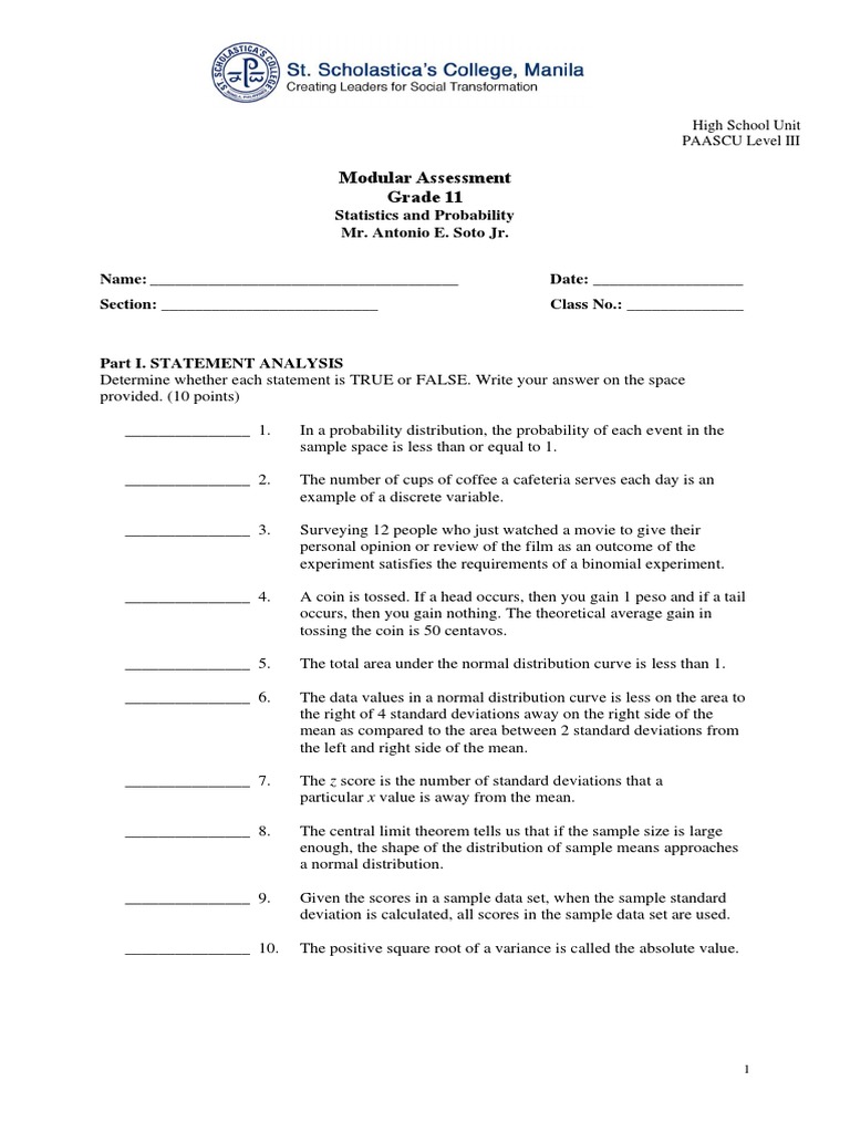 Modular Assessment Grade 11: Statistics and Probability Mr. Antonio E ...