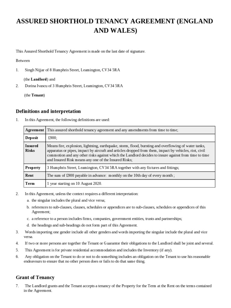 Assured Shorthold Tenancy Agreement (England and Wales) | PDF ...