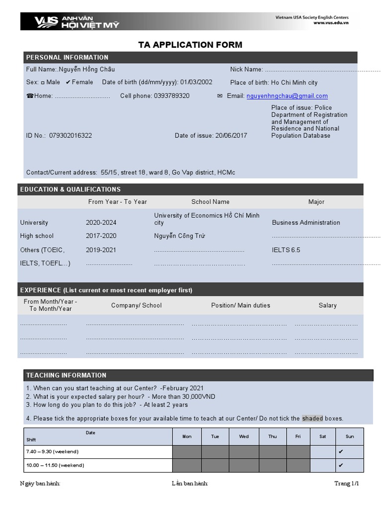 Ta Application Form: Personal Information | PDF | Ho Chi Minh City ...