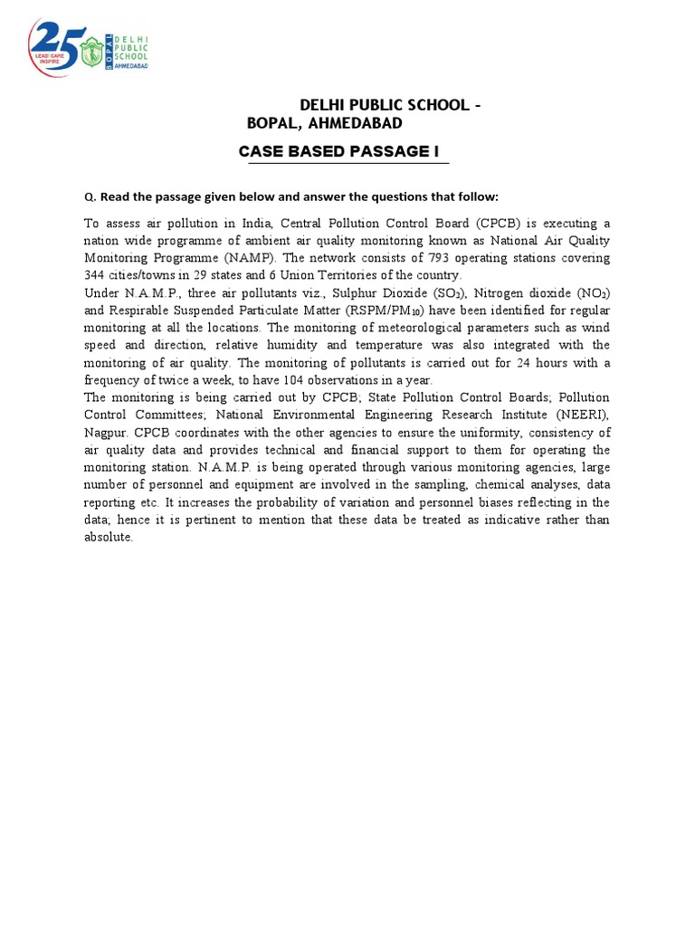 Delhi Public School Bopal, Ahmedabad Case Based Passage I | PDF | Air Pollution | Environmental ...