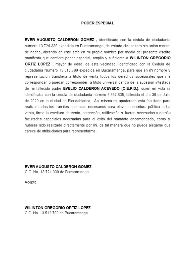 Poder Venta Derechos Sucesorales Ever Augusto Calderon | PDF