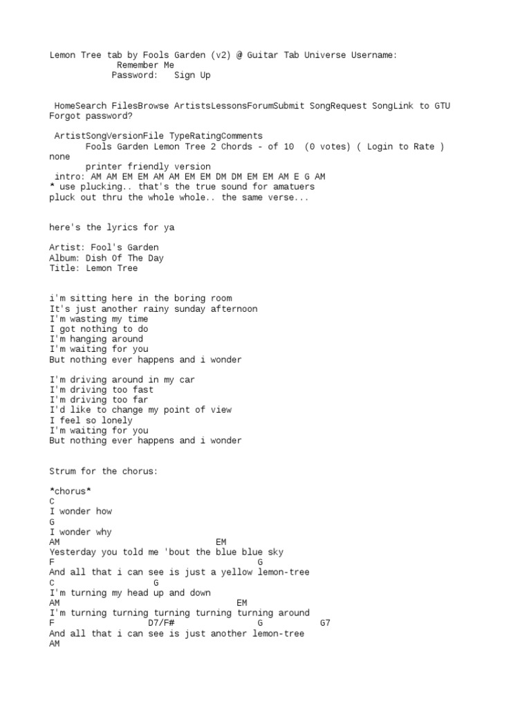 Lemon Tree Tab by Fools Garden (v2) at Guitar Tab Universe | PDF ...