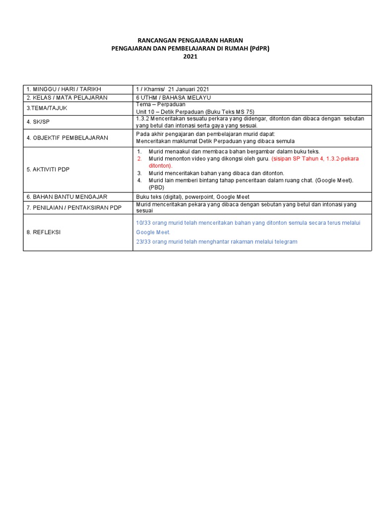Contoh Penulisan RPH BM PDPR | PDF