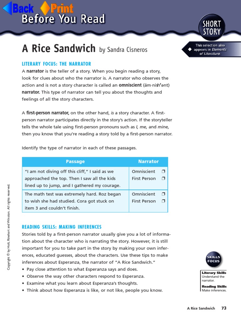 A Rice Sandwich - Sandra Cisneros | PDF | Narration | Foods