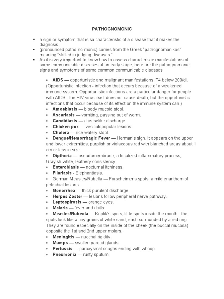 Pathognomonic Signs of Diseases | PDF | Infection | Clinical Medicine