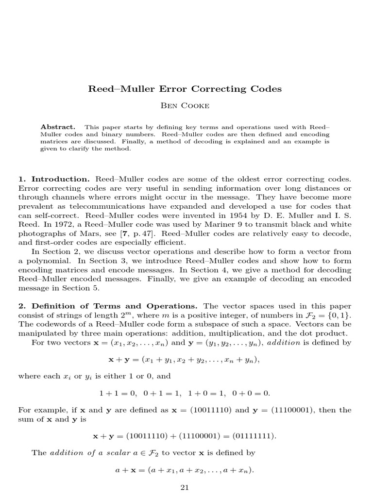 Reedmuller Error Correcting Codes | PDF | Code | Vector Space