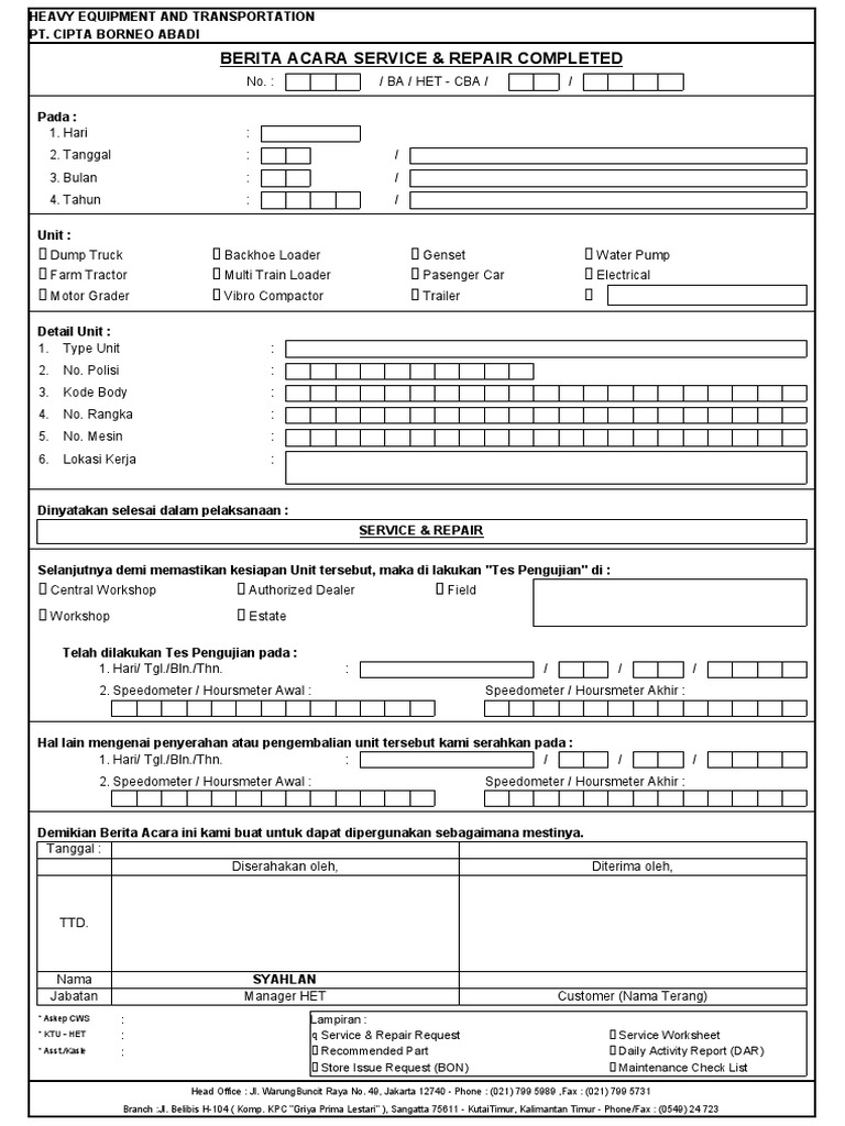 Form BA Service & Repair Completed | PDF
