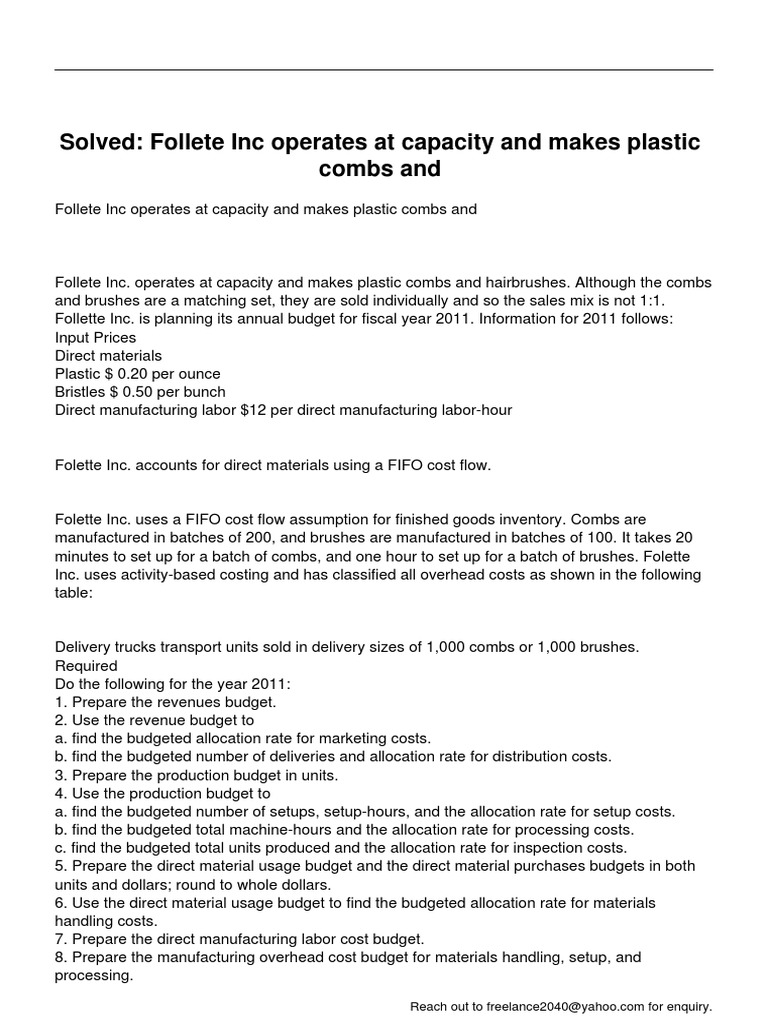 Follete Inc Operates at Capacity and Makes Plastic Combs and | PDF