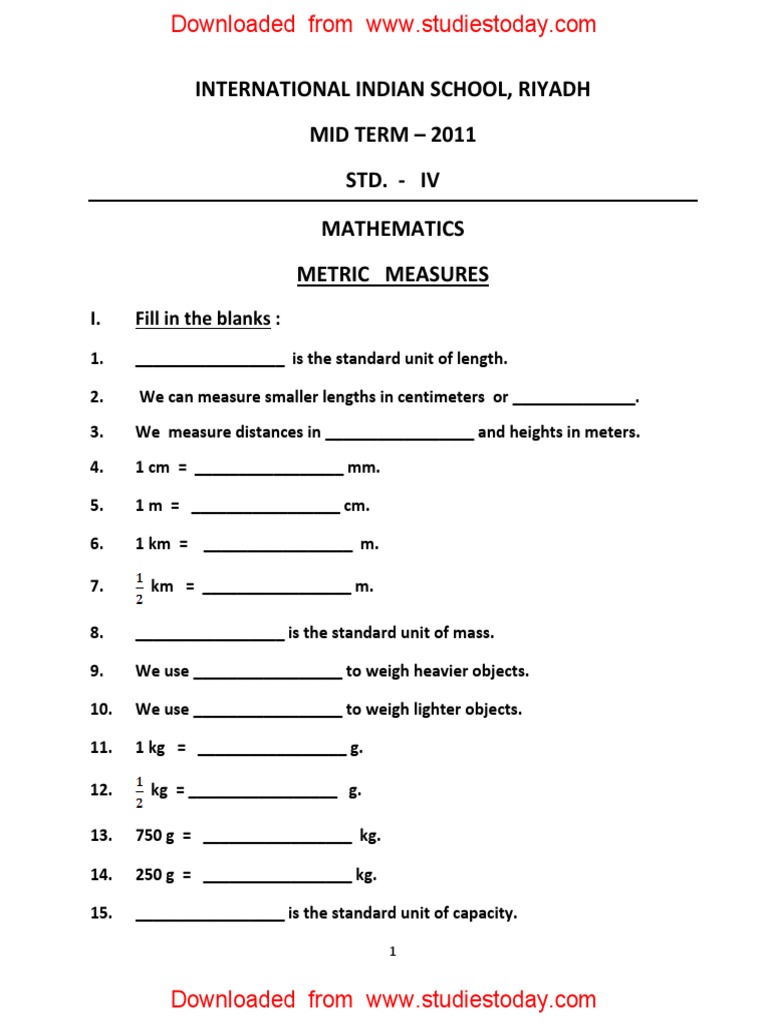 CBSE Class 4 Maths Revision Worksheet (124) - Metric Measures | PDF ...