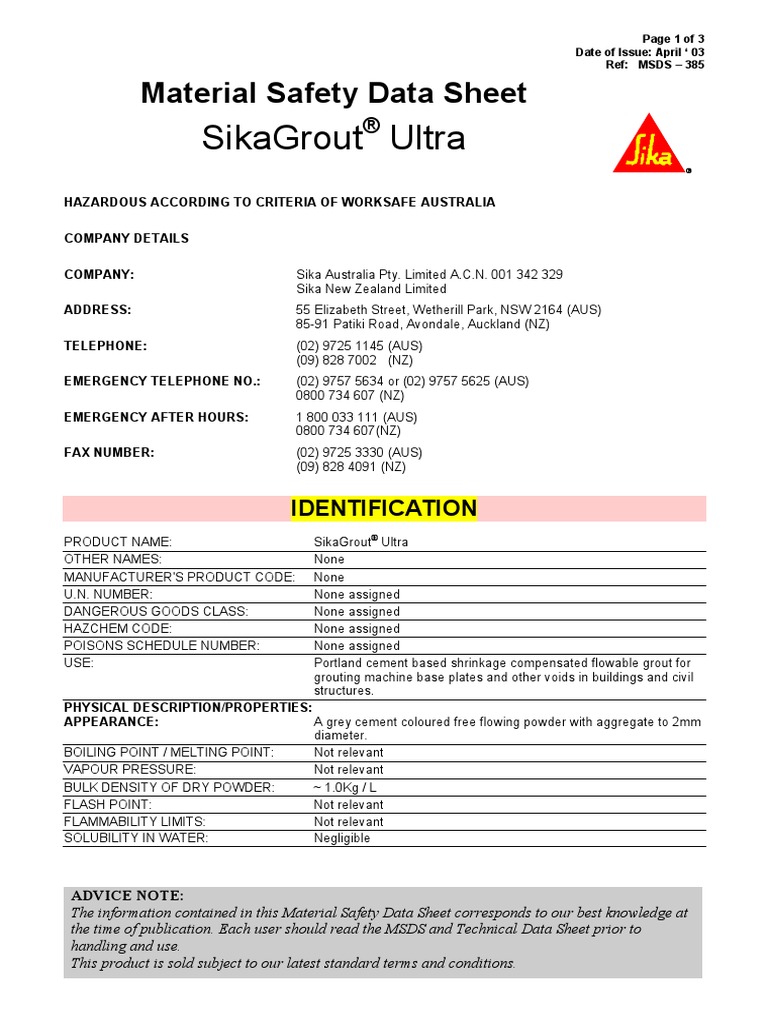 SM CG SikaGroutUltra-MSDS | PDF | Silicon Dioxide | Cement