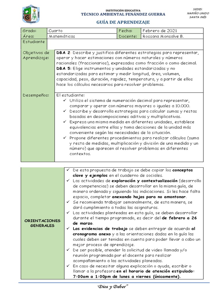 Guía de Aprendizaje: Matemáticas Cuarto Grado | PDF | División ...