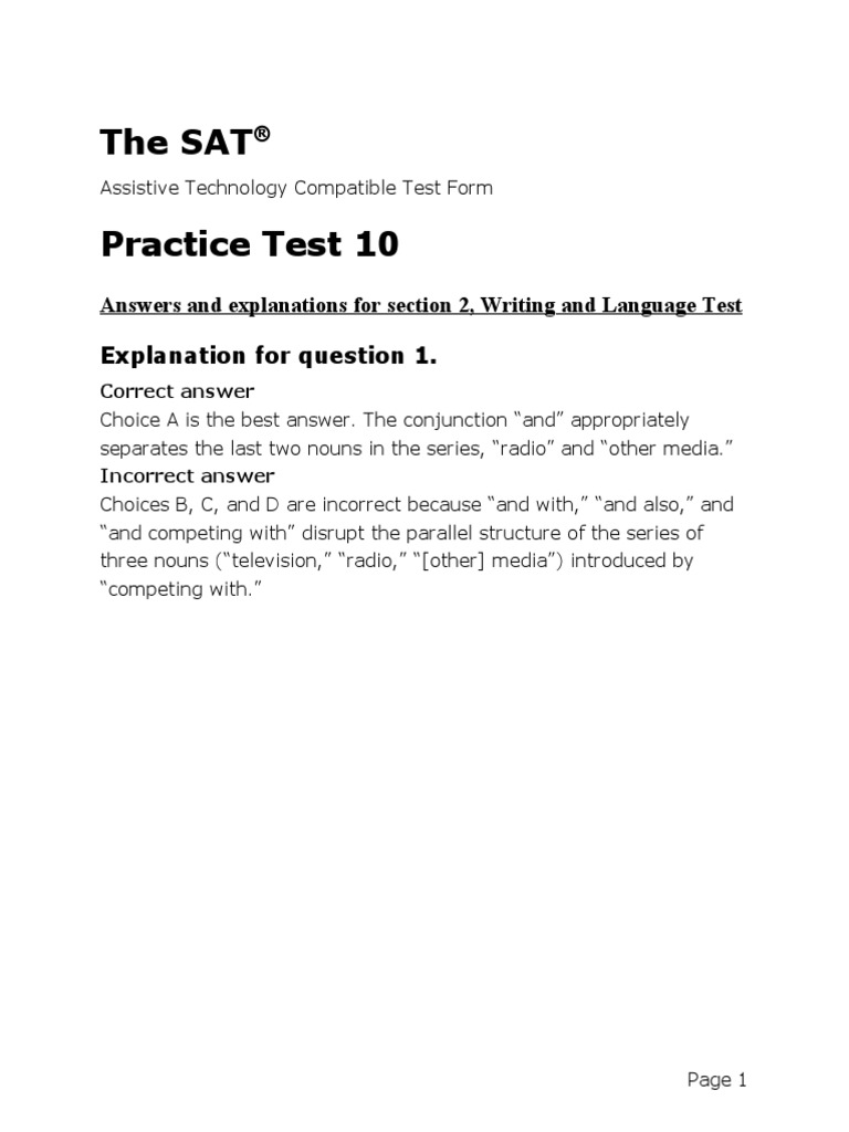 Sat Practice Test 10 Writing and Language Answer Explanations at | PDF ...