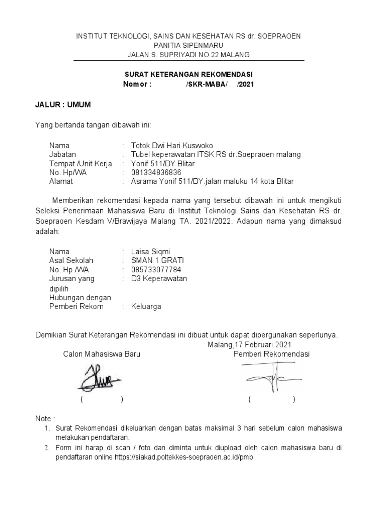 Form Surat Rekomendasi ITSK Soepraoen Tahun 2021 | PDF