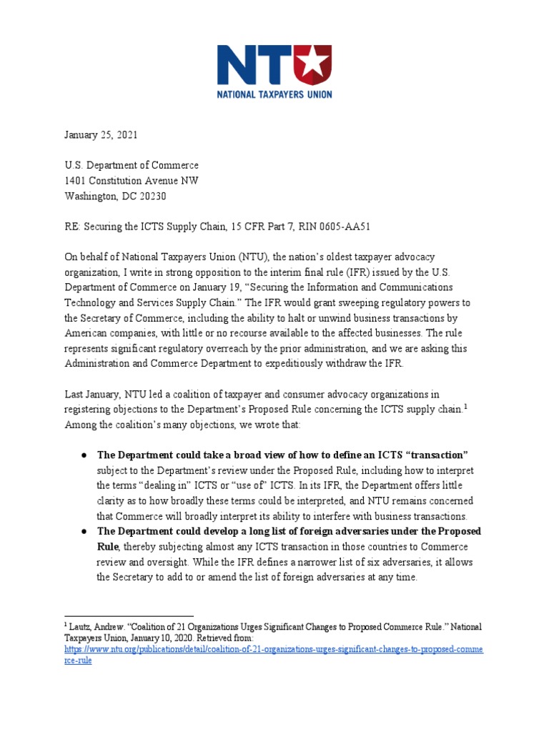 NTU Letter On IFR To Commerce Department 1 - 25 - 21 | PDF ...