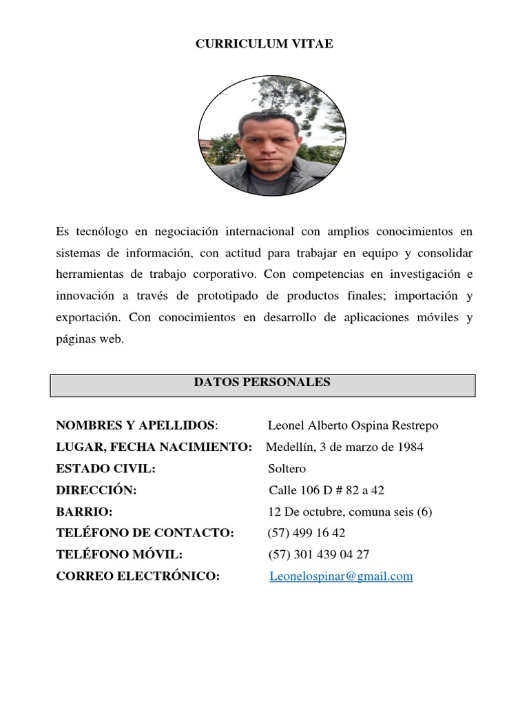 Curriculum Vitae - Leonel Alberto Ospina Restrepo | PDF | Aplicación movil | Software de la ...