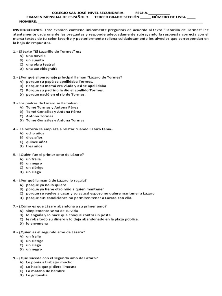 Examen Sobre Lazarillo de Tormes | PDF