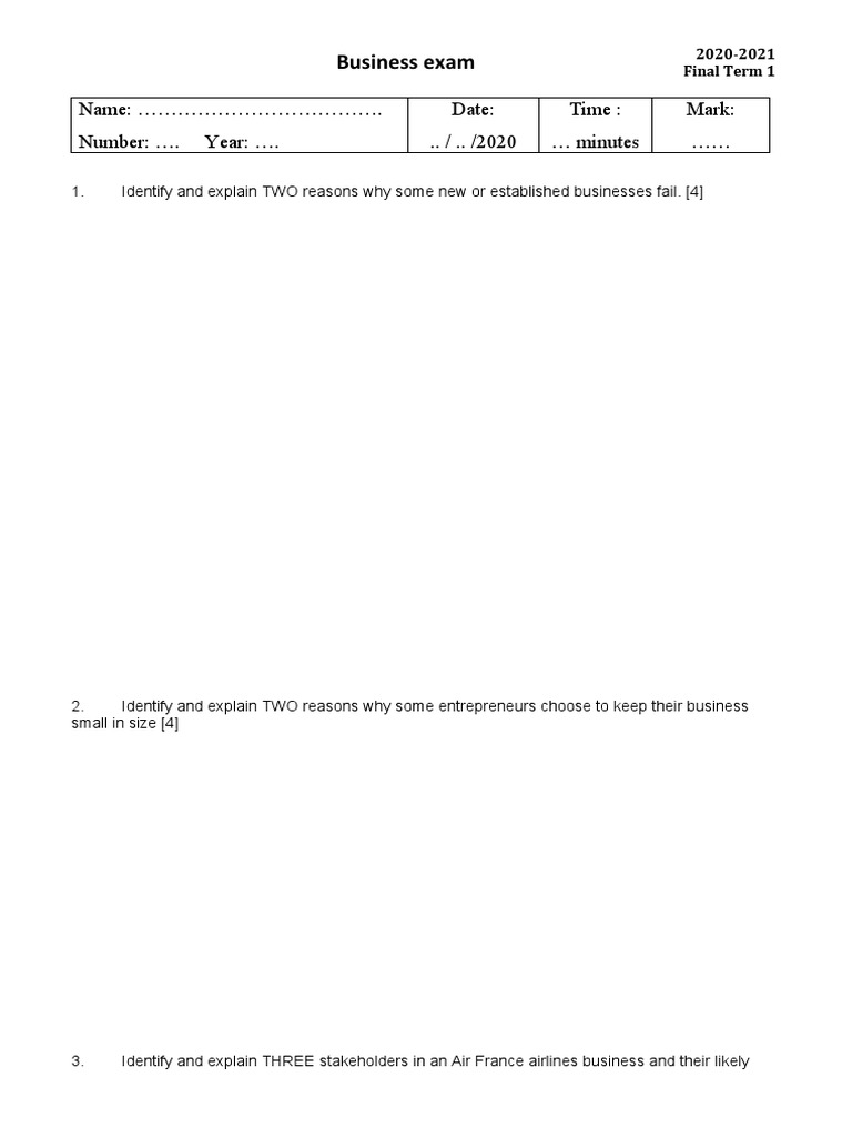 Analysis of a Business Exam Assessing Key Concepts of Entrepreneurship ...