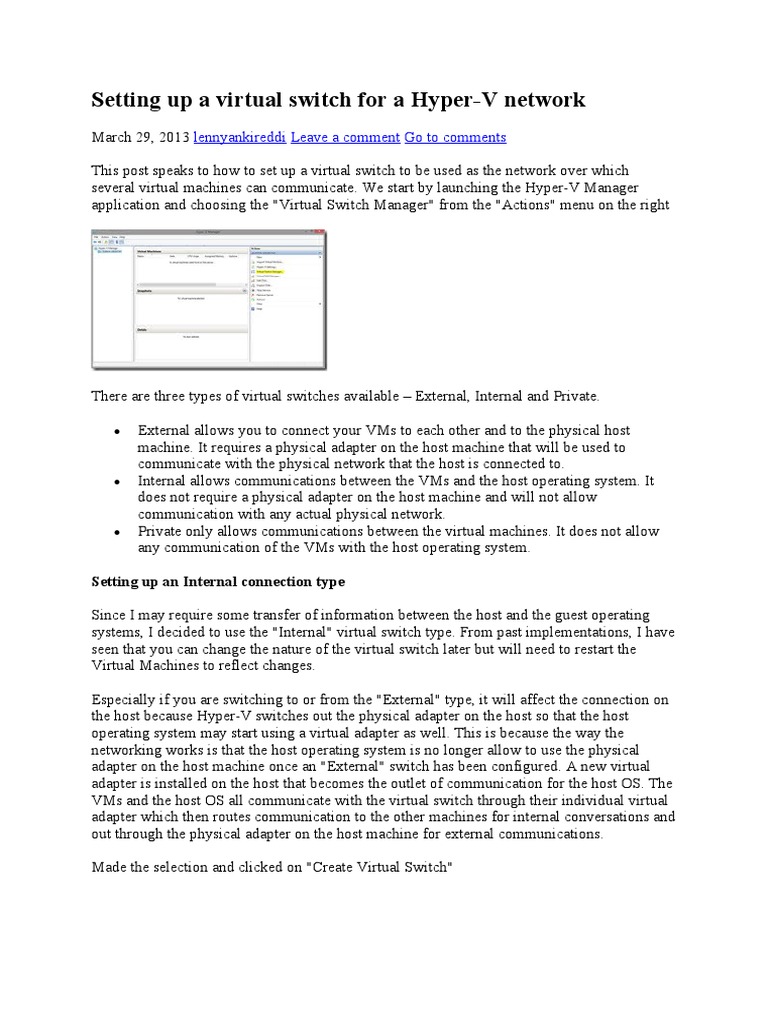 Setting Up A Virtual Switch For A Hyper | PDF | Hyper V | Virtual Machine
