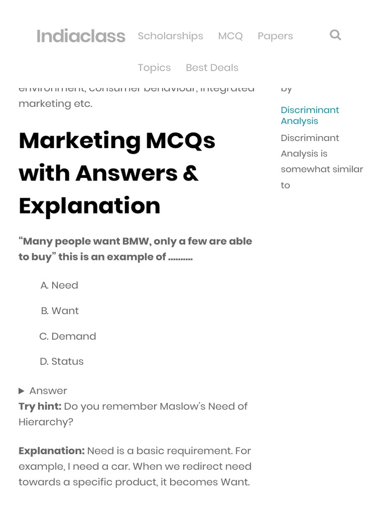 Marketing MCQs With Answers & Explanation | PDF | Business