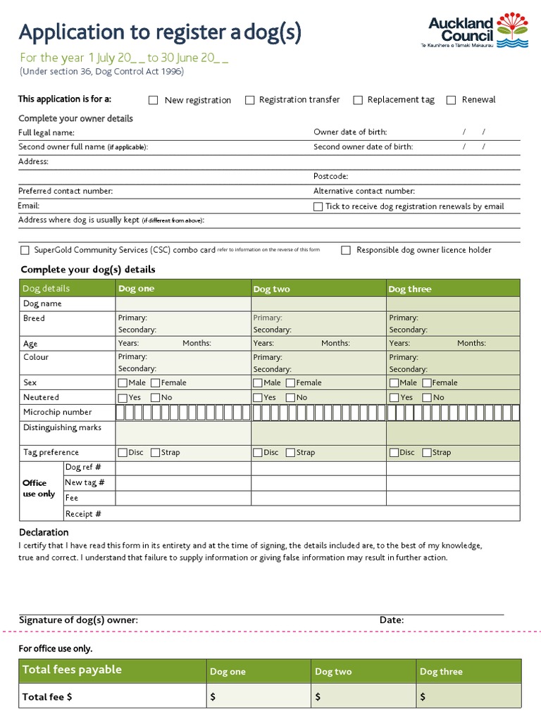 Application To Register A Dog(s) : For The Year 1 July 20 - To 30 June ...