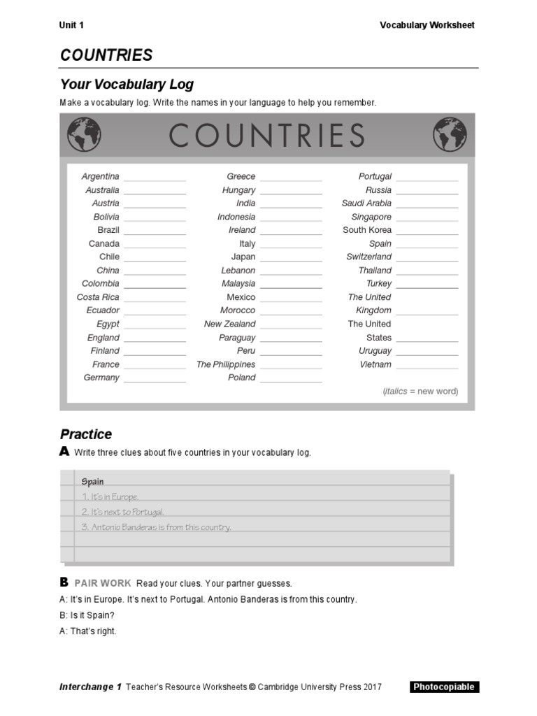 Interchange5thEd Level1 Unit01 Vocabulary Worksheet | PDF