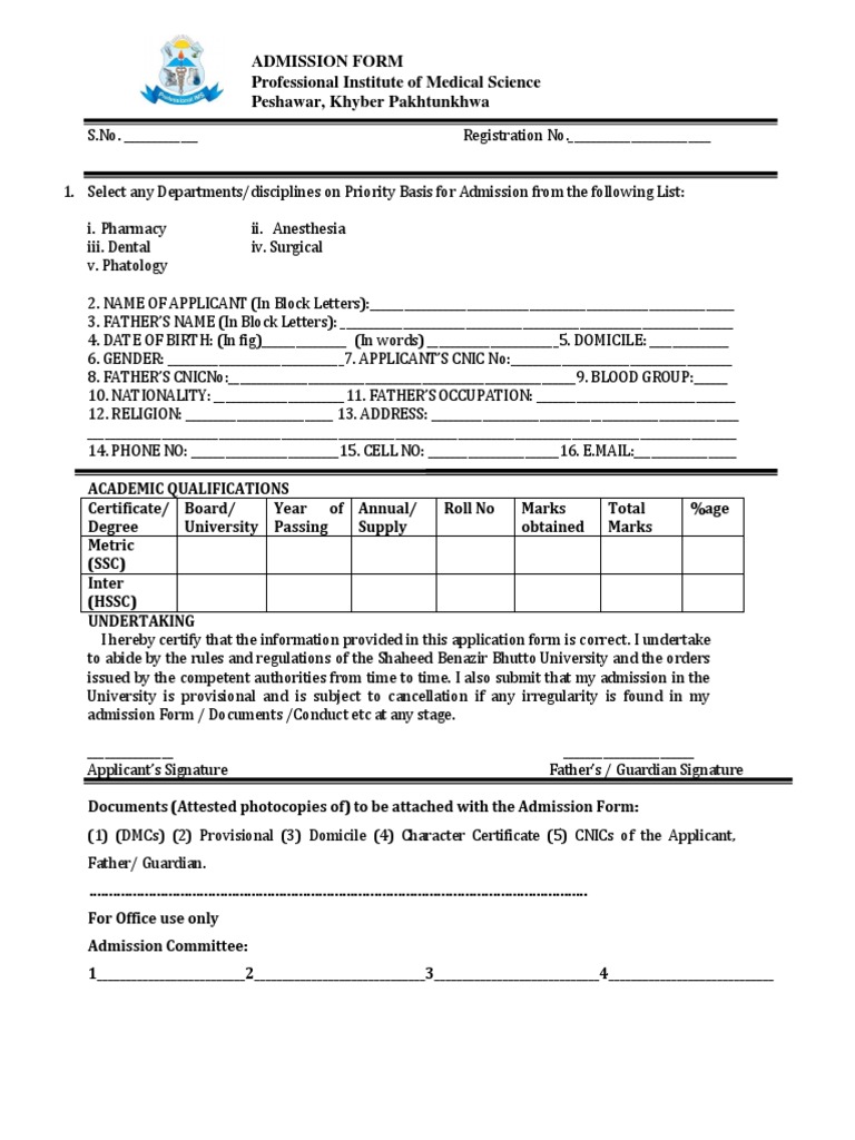 Pims Admission Form | PDF | Medicine | Health Care