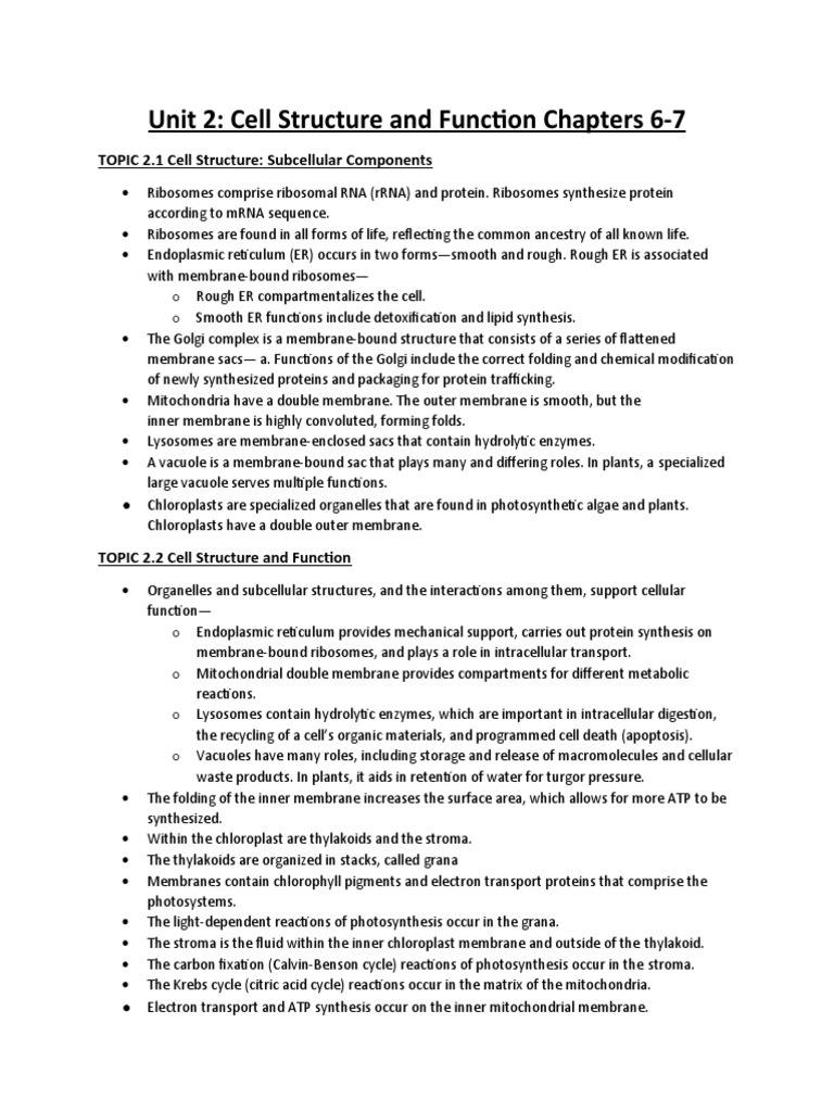 Unit 2: Cell Structure and Function Chapters 6-7 | Download Free PDF ...