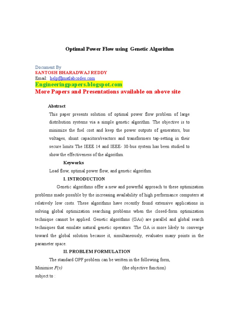 Optimal Power Flow Using Genetic Algorithm Pdf Mathematical