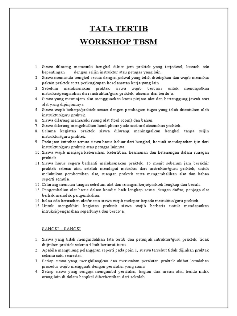 TATA TERTIB Bengkel TSM MM | PDF