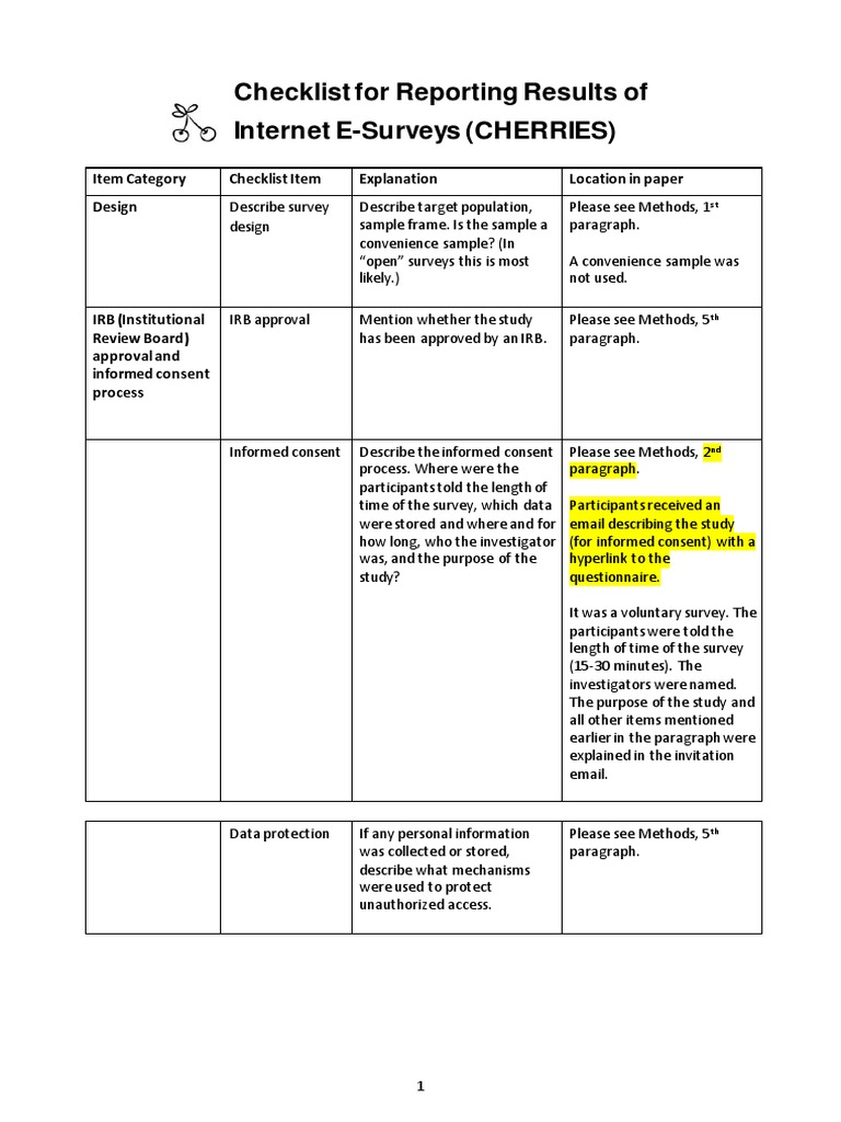 Cherries Checklist | PDF | Survey Methodology | Http Cookie